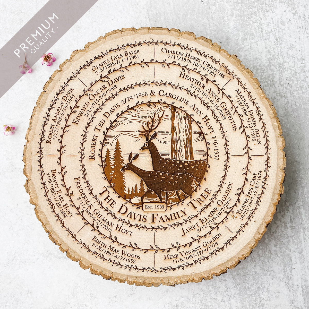 Ancestry Family Tree Chart Wood Slice with Deer Illustration – Foxbairn